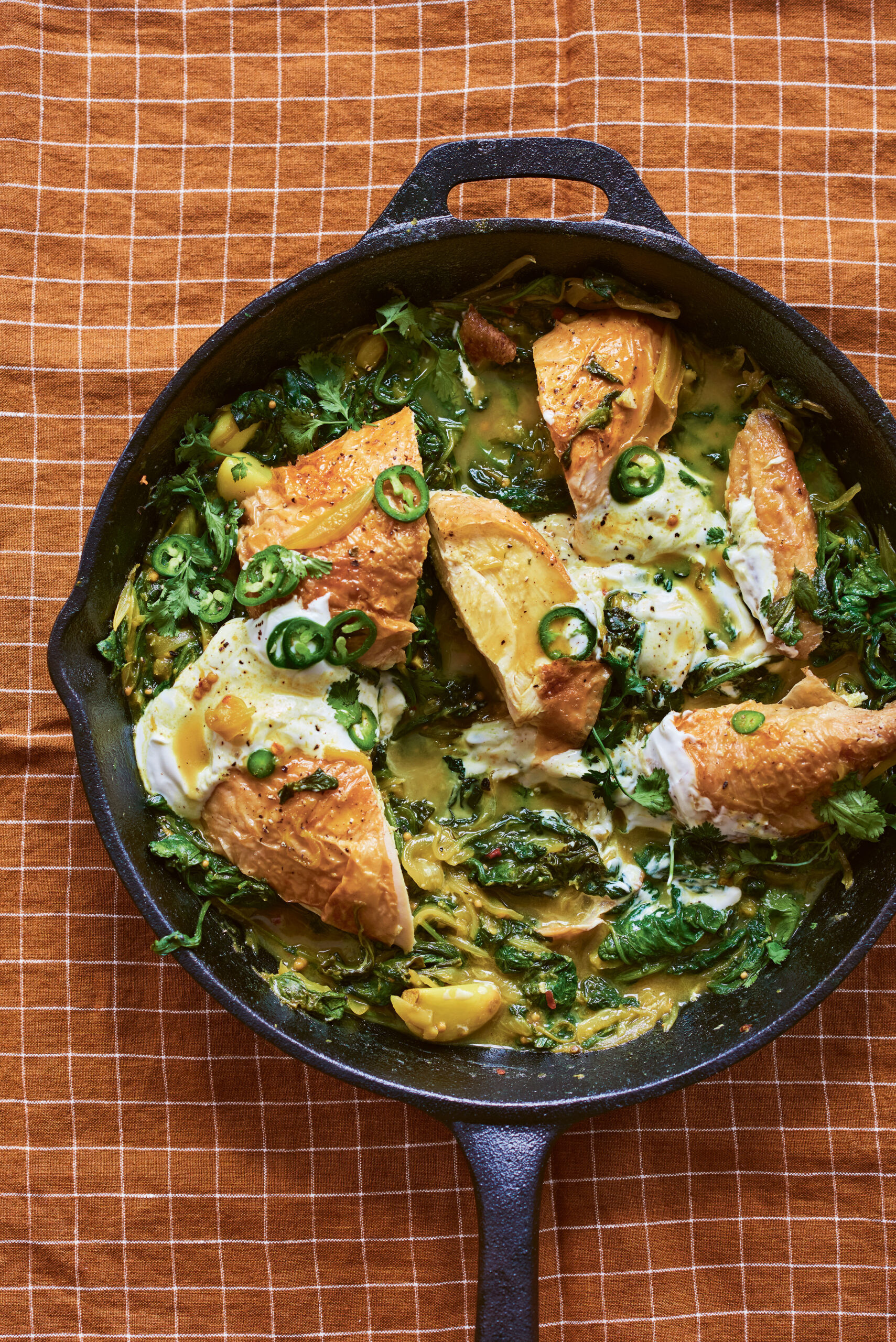Roast Chicken, Spiced Spinach and Yoghurt by Kitty Coles - Maldon Salt